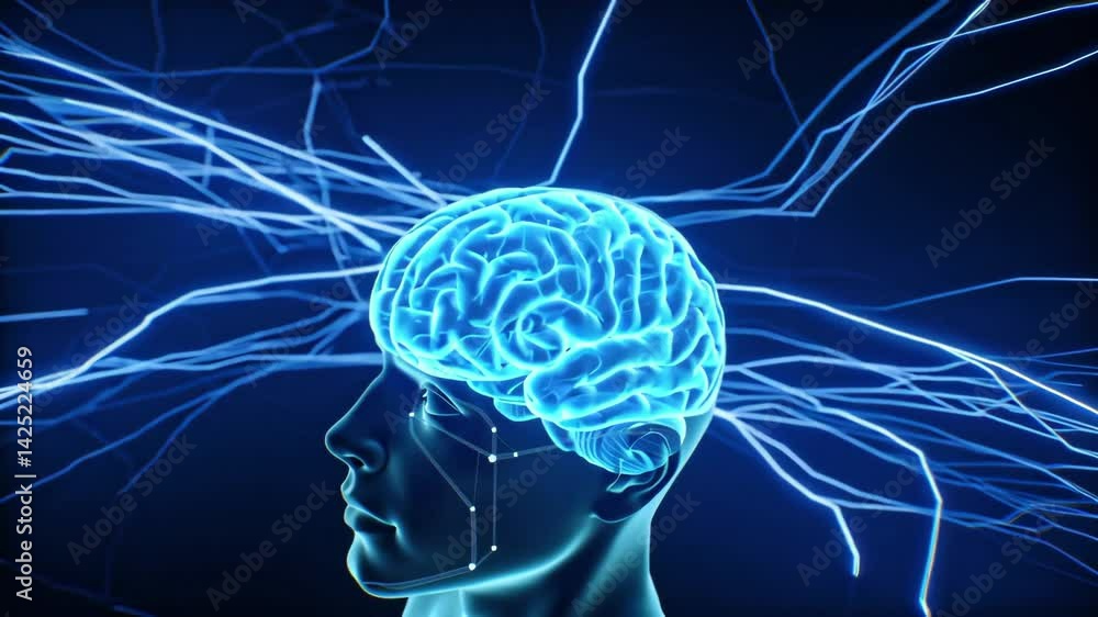 Futuristic glowing blue brain inside a human head side profile, digital ...