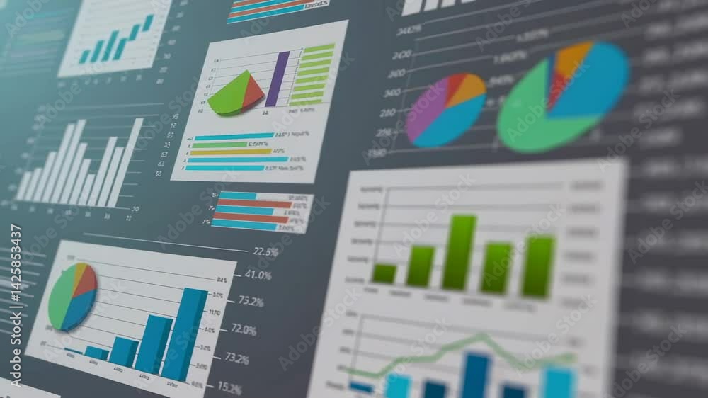 Multiple financial charts and graphs, including pie charts and bar ...