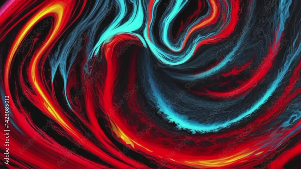 Dynamic abstraction with intense swirls of color. The dominance of bright red and yellow colors ...