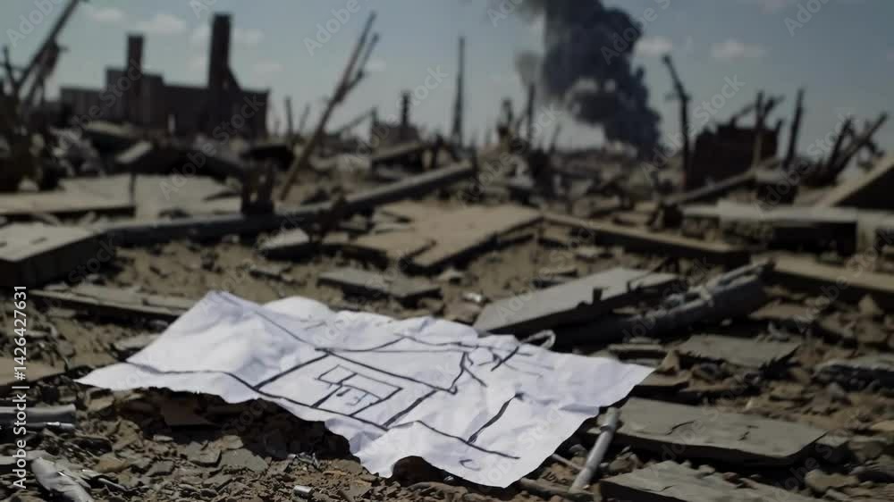 Hand drawn map plan lies discarded dusty ground amidst devastated ...