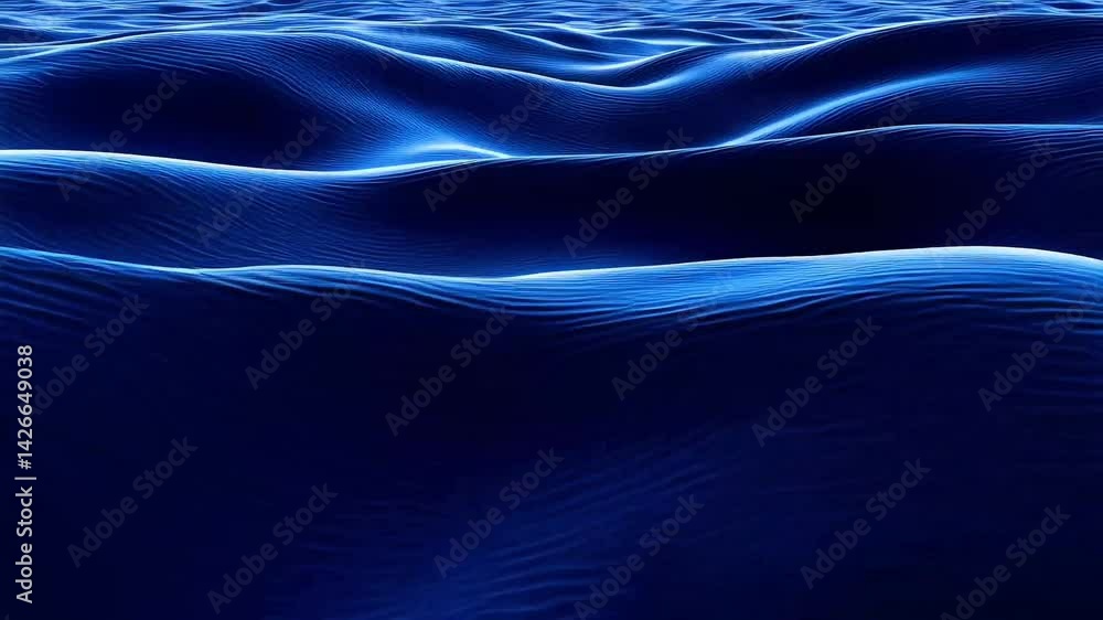 3D animated dark blue backdrop featuring flowing wavy shapes in a ...