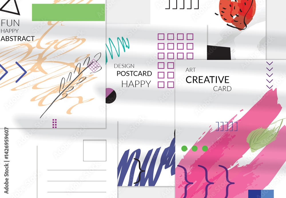 Postcard Layout with Hand Drawn Abstract Floral Doodles and Geometric ...