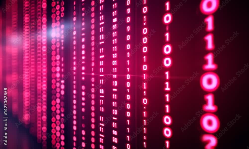 Red binary code rain flowing down the screen in vertical columns Stock ...