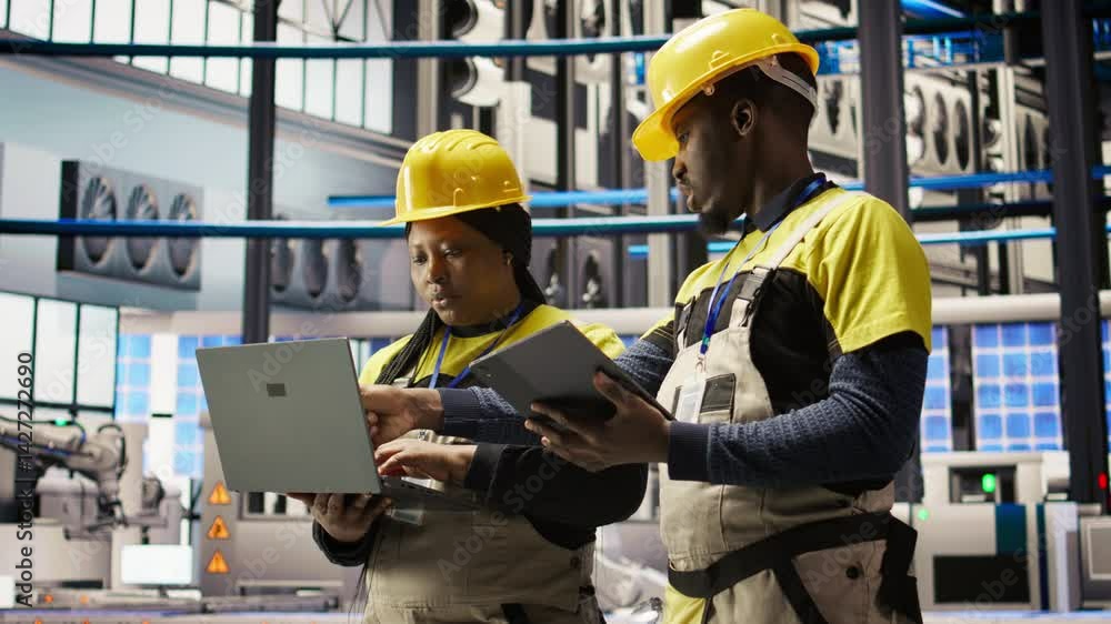Engineering team working together in industry 4.0 plant to diagnose ...