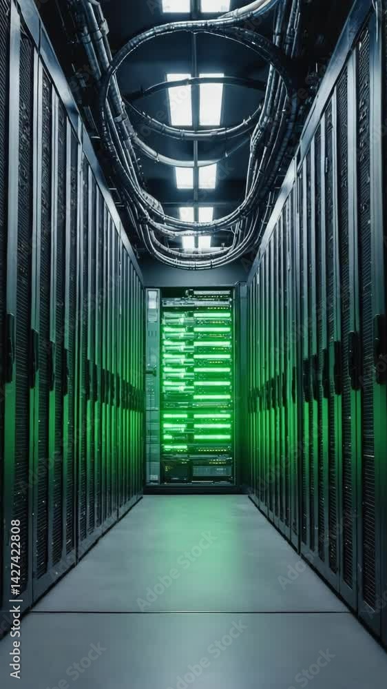 Rows of server racks in a data center with green lights and overhead ...