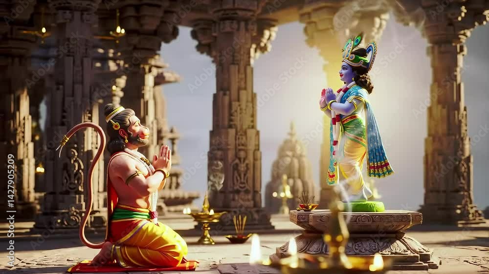 Spiritual Harmony: Hanuman's Devotion to Lord Krishna in Temple Setting ...