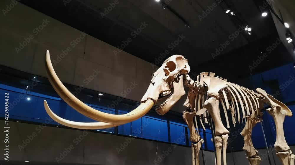 Majestic mammoth skeleton illuminated under museum lights displaying ...