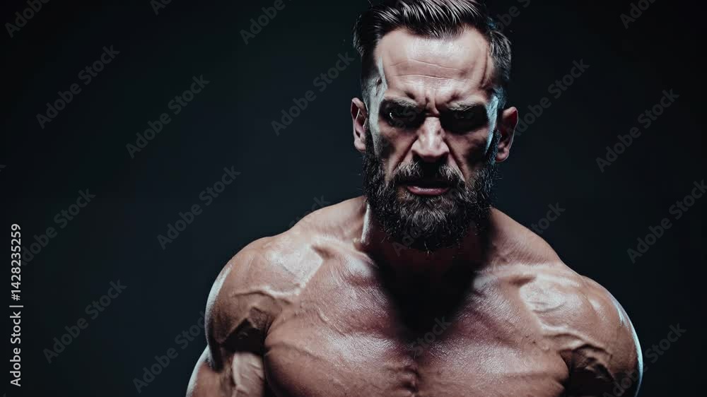Video Stock Bearded bodybuilder flexes sculpted torso under harsh ...