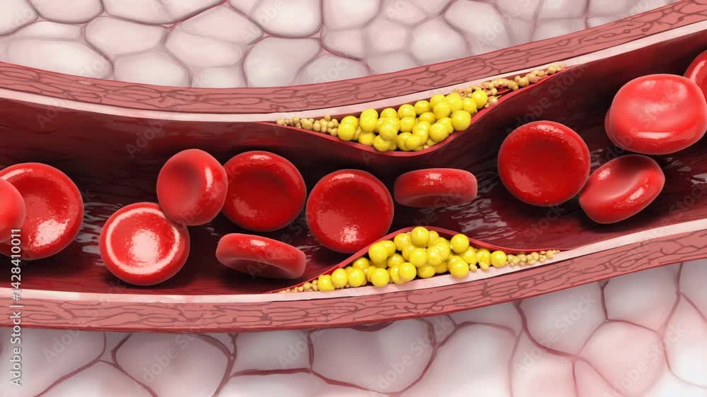 Cholesterol Buildup in Artery: Detailed medical illustration of a cross ...