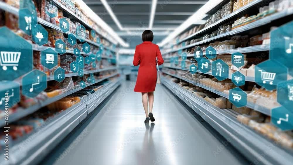 Supermarket Shopping with Icons: A woman navigates the aisles of a ...