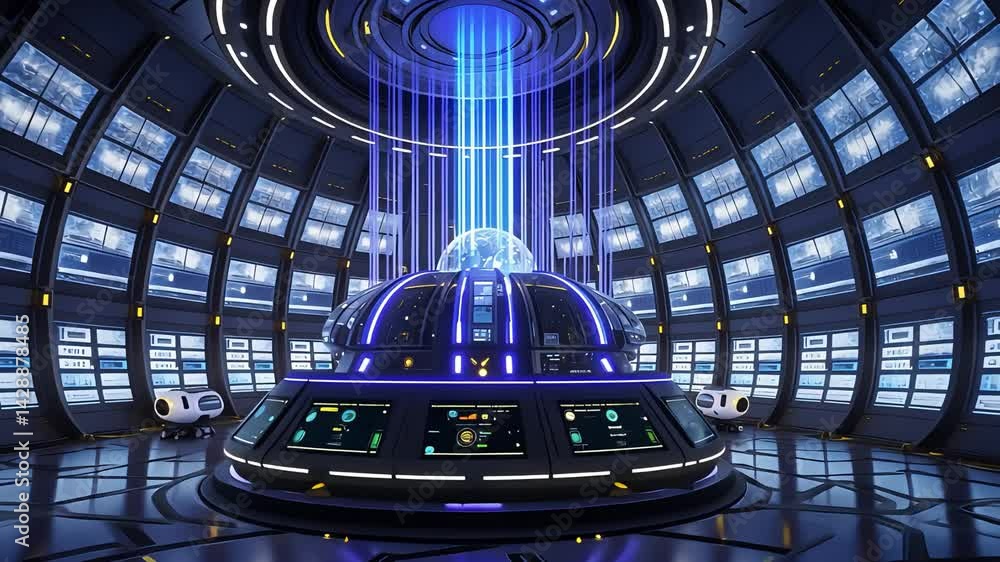Futuristic advanced control center with energy beams, glowing dome, and ...