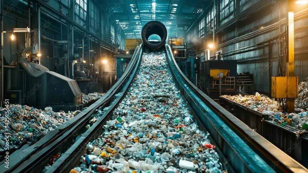 A gritty industrial scene shows a conveyor carrying mixed plastic waste ...