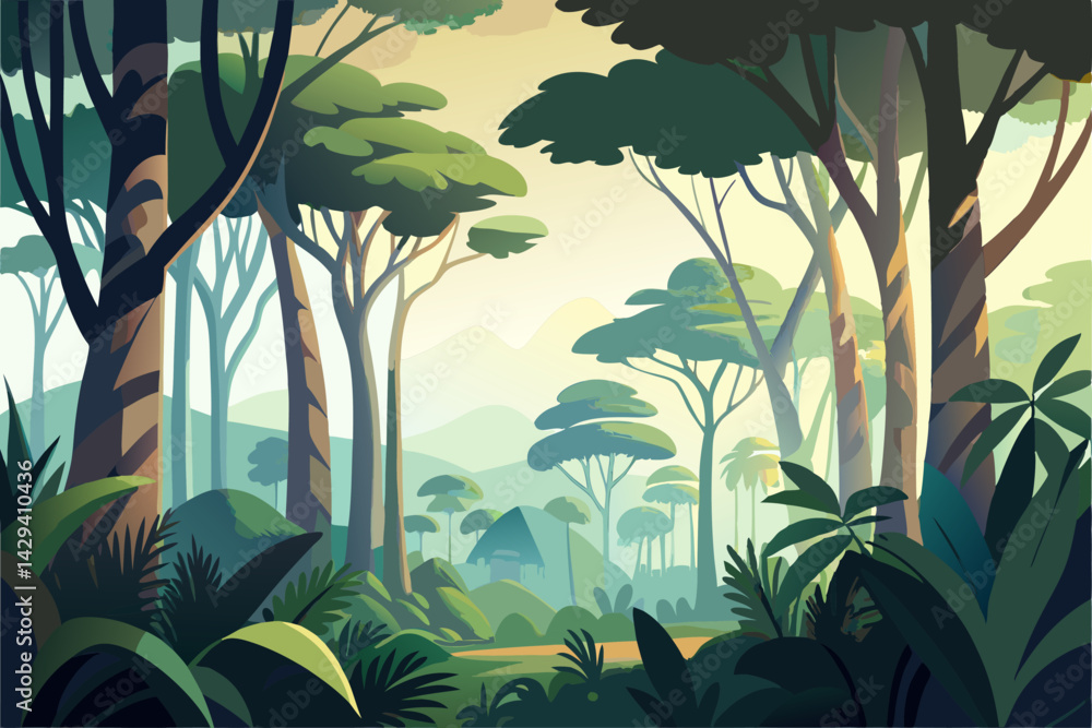 Poster watercolor jungle trees side view isolated on white background ...