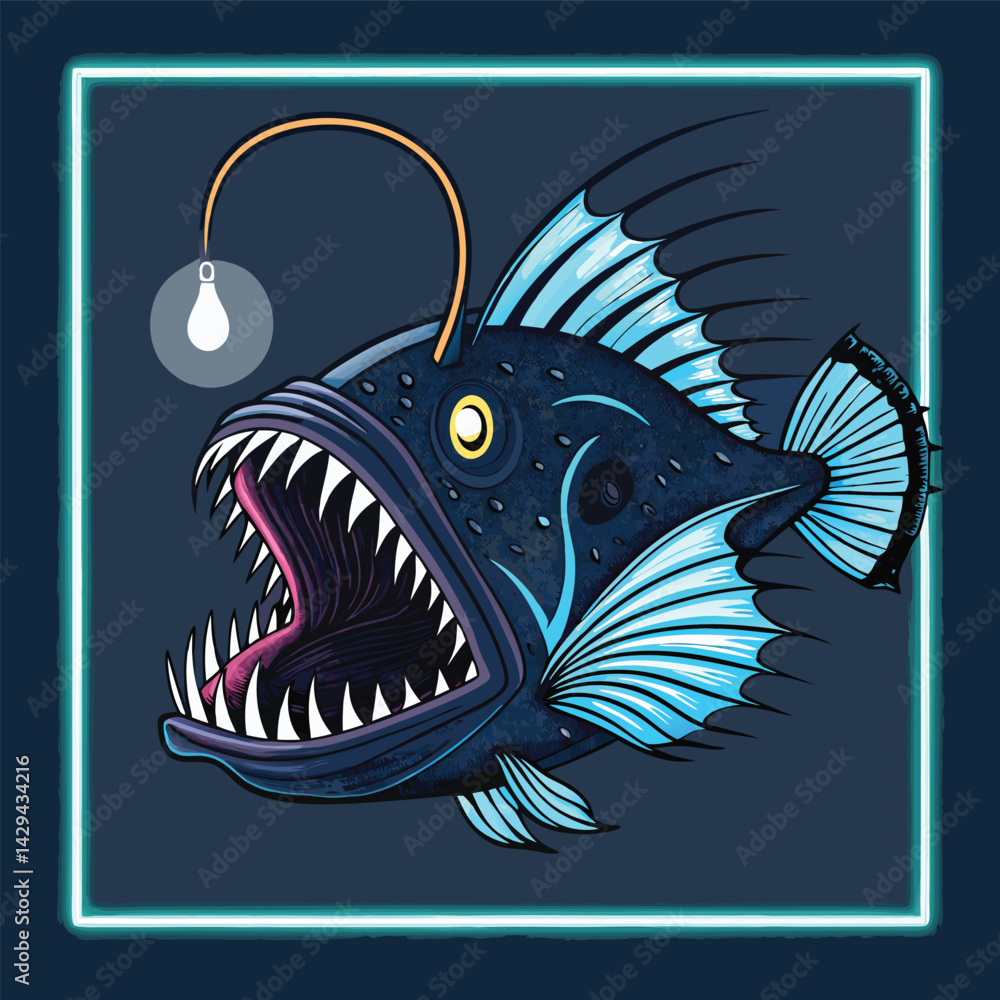 Poster Render a terrifying deep-sea anglerfish, bioluminescent lure ...