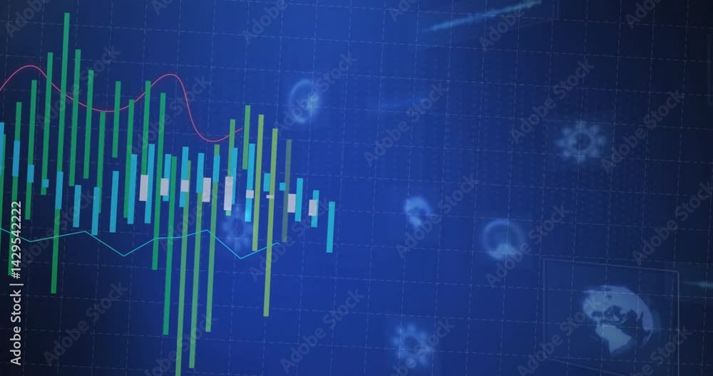 Analytics dashboard showing data bars, trend lines and line chart over ...