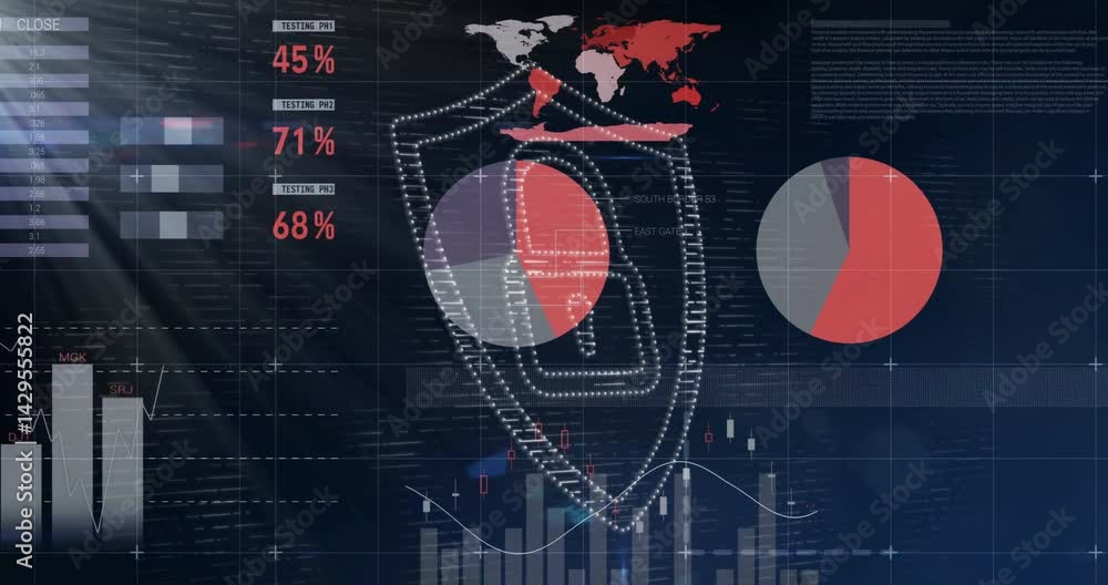 Displaying central dotted-line shield icon over world map heatmap with ...