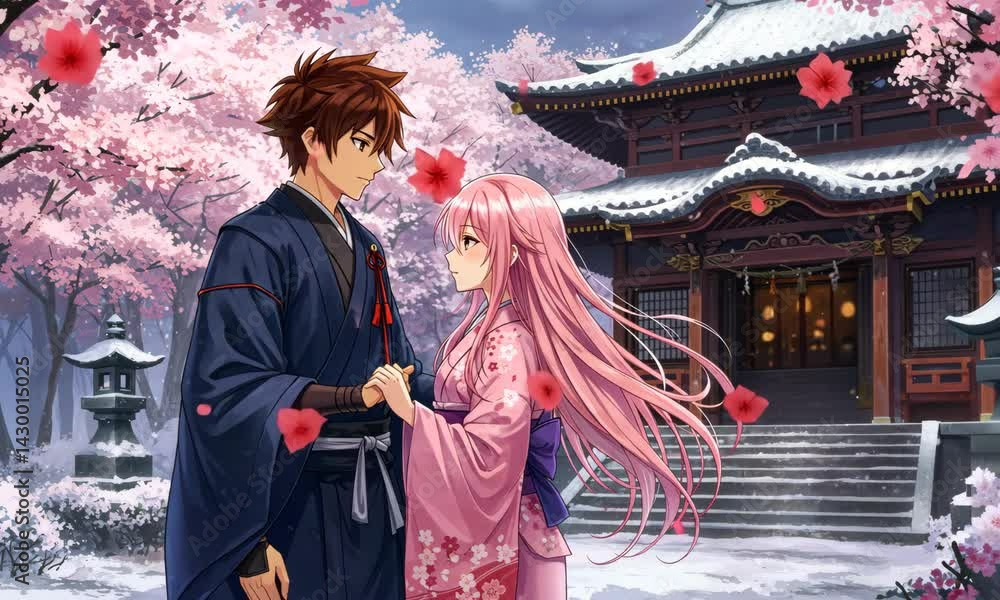 Romantic Pixel Art Depicting Couple Holding Hands Surrounded by Cherry ...