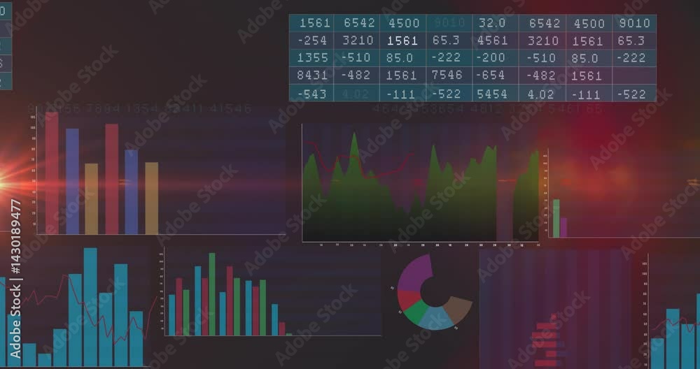 dark themed dashboard presenting data visualizations with numeric table ...