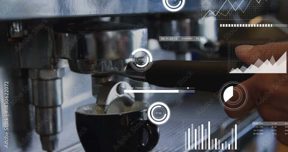 Commercial espresso machine portafilter pouring coffee into black cup ...