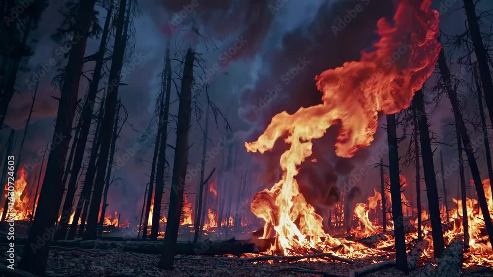 Forest fire with massive explosion of flames rises among trees ...