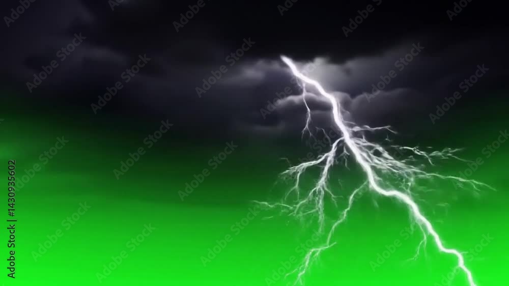 Extreme lightning bolt in the sky on green screen background ...