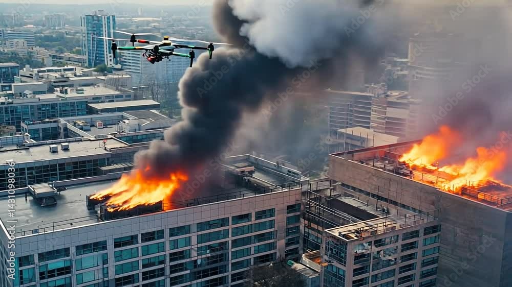 Firefighter drone spraying water on a building fire. Stock Video ...