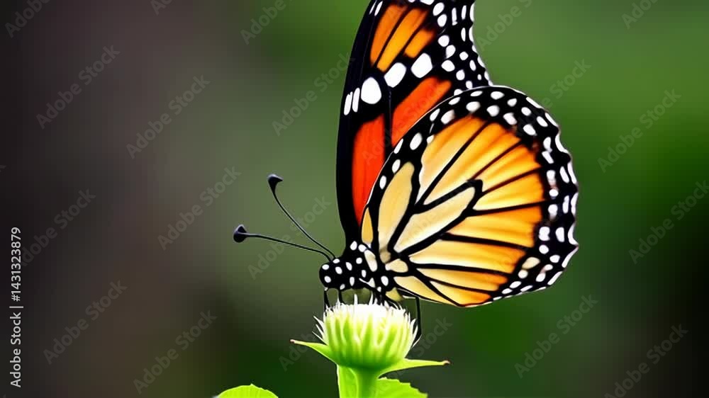 Monarch Butterfly on Pale Green Bud, Detailed Wing Texture, Macro Stock ...