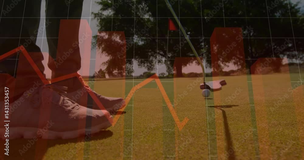 Golfer feet standing on putting green, displaying red bar and line ...