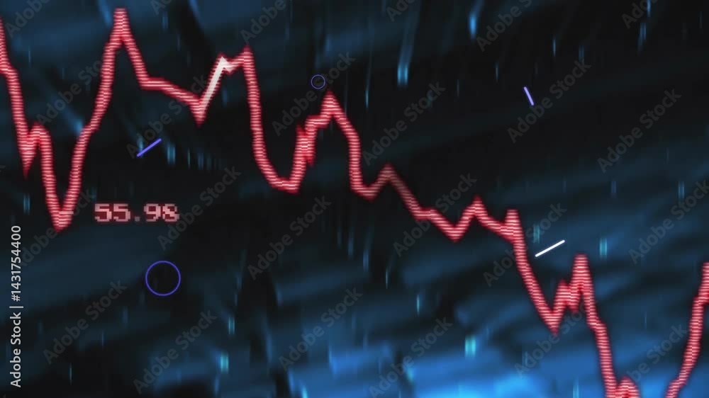Red jagged line graph animating across data display, showing pixel label with purple glowing ...