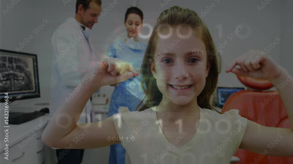 girl smiling, pointing at cheeks in red dental chair, with animated X ...