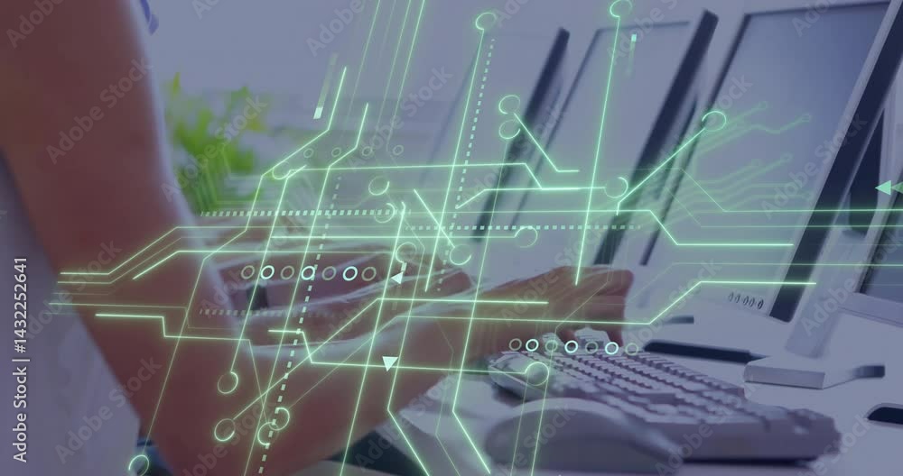 Hands and forearms typing on keyboard as green circuit graphics ...