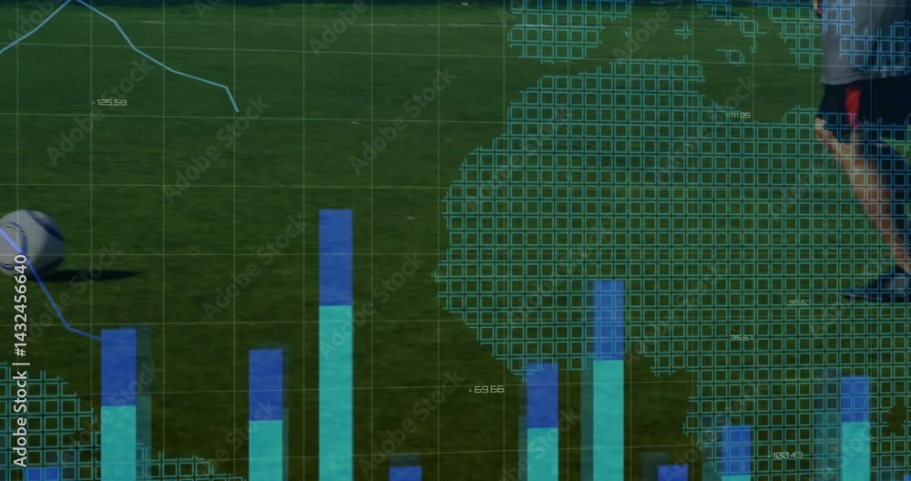 Male athlete kicking soccer ball on pitch, adding sports analytics grid ...