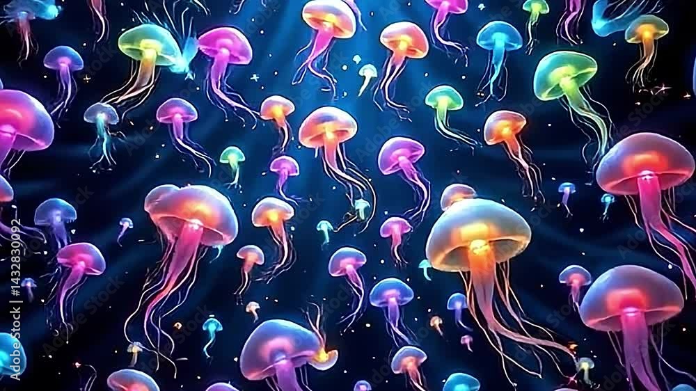 A mesmerizing deep sea animation features a dense bloom of jellyfish ...