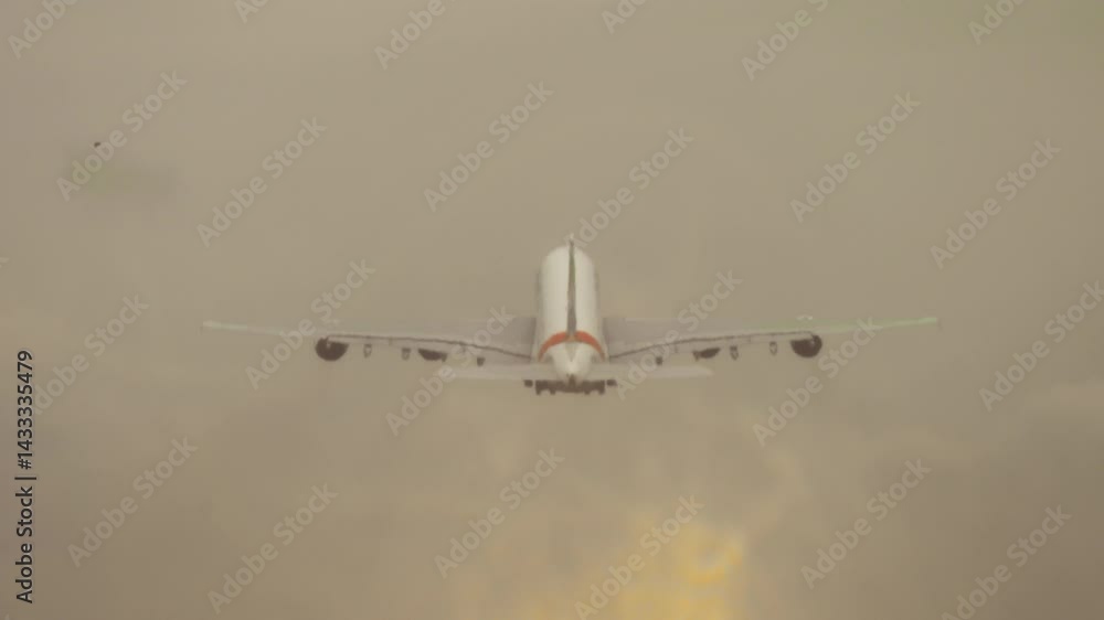 Four engine airliner taking off into cloudy sky with minimal visibility ...