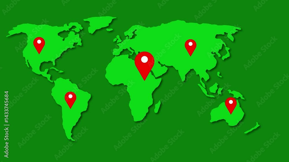 World map travel route location animation on green background, world ...