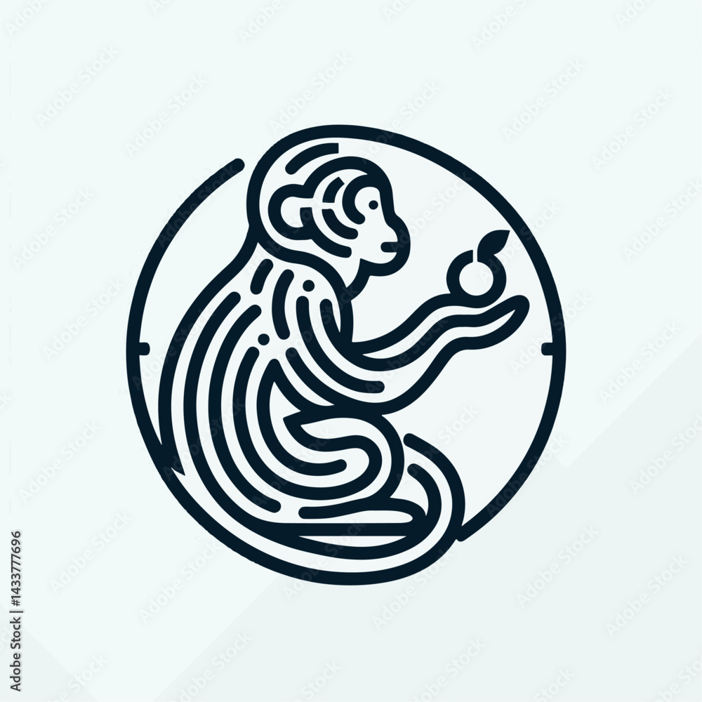 Poster A graphic design of a monkey holding fruit, in a circular frame ...