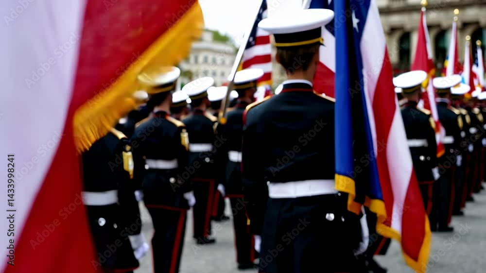 Disciplined military personnel marching in synchronized formation ...