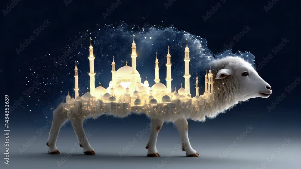 Happy Eid al-Adha: crescent moon, Fanus lantern, sacred sheep, festive ...
