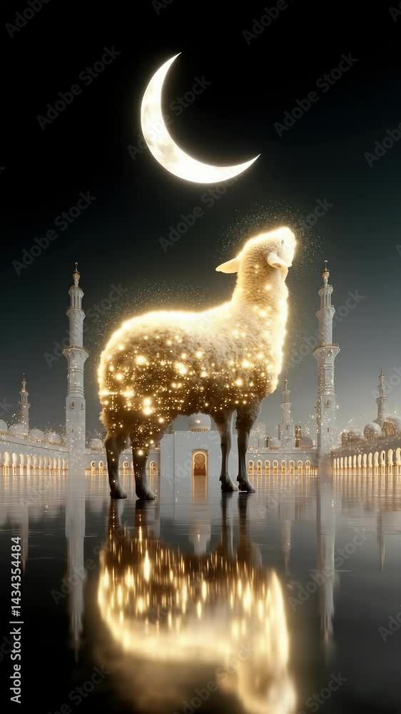 Happy Eid al-Adha: crescent moon, Fanus lantern, sacred sheep, festive ...