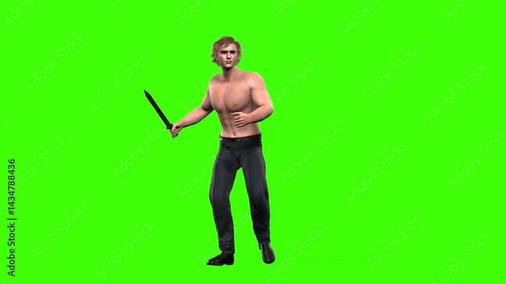 4k Warrior boy with sword left side slowly walking animation front view ...