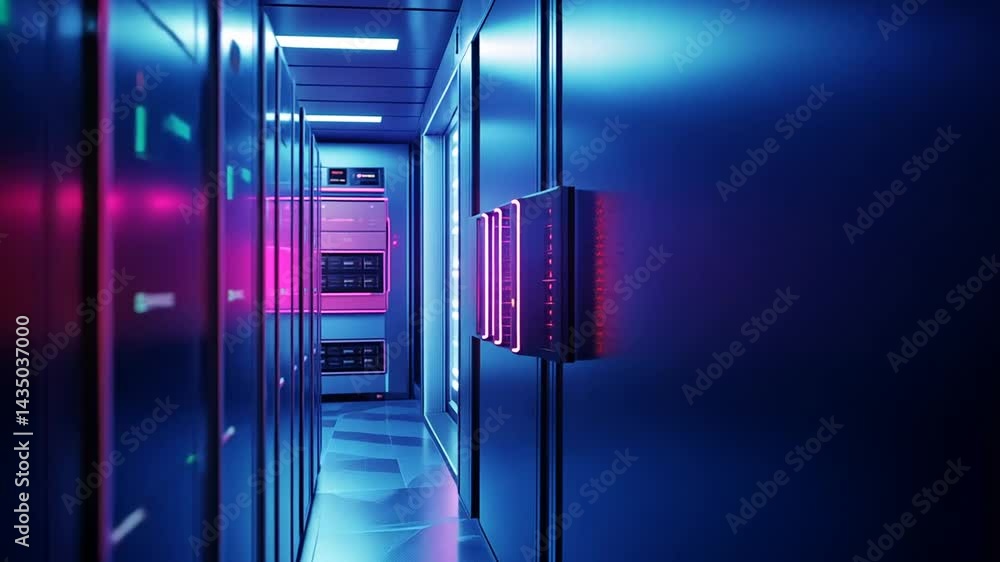 Futuristic Data Center Server Room with Neon Lights and Modern Server ...