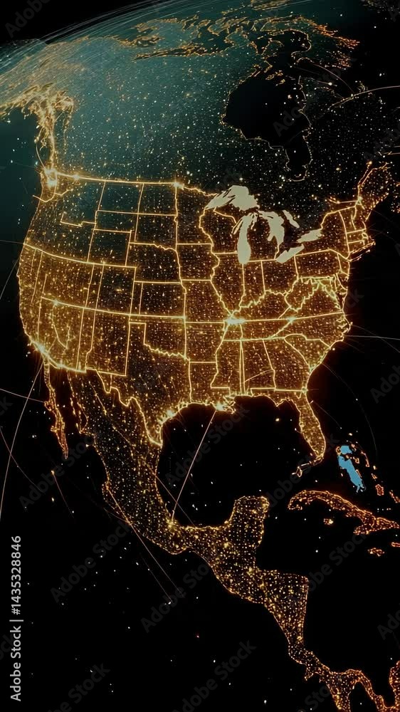 Illuminated United States map from space with light trails showing ...