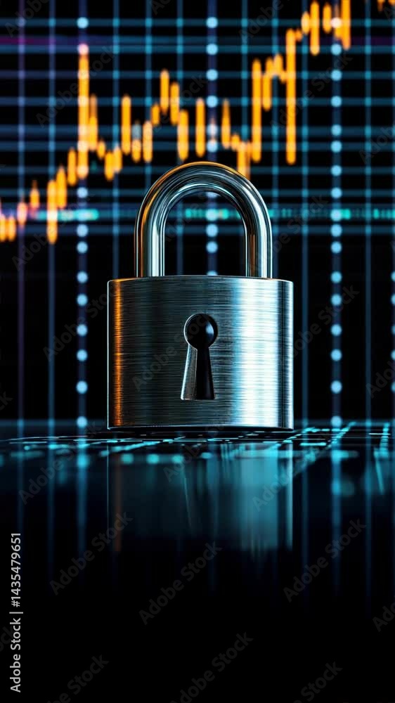 Padlock in front of an LED display showing stock market charts ...