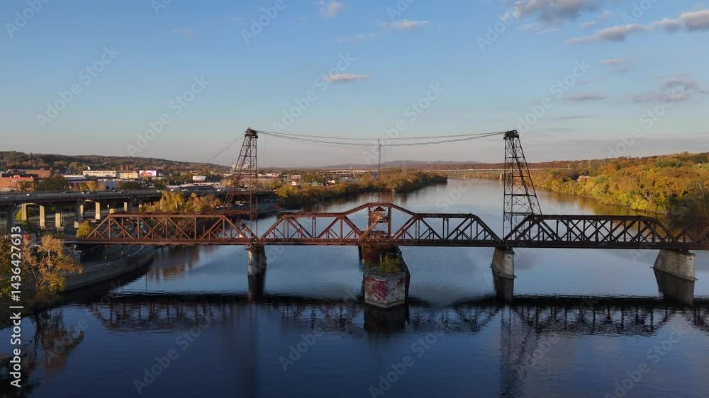 Albany New York Riverfront Rail Bridge and Highway Aerial 4K Drone ...