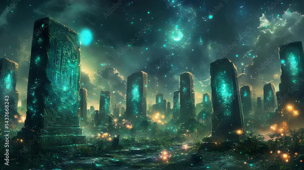 Mysterious Glowing Stone Circle in a Fantasy Landscape with Cosmic Sky ...