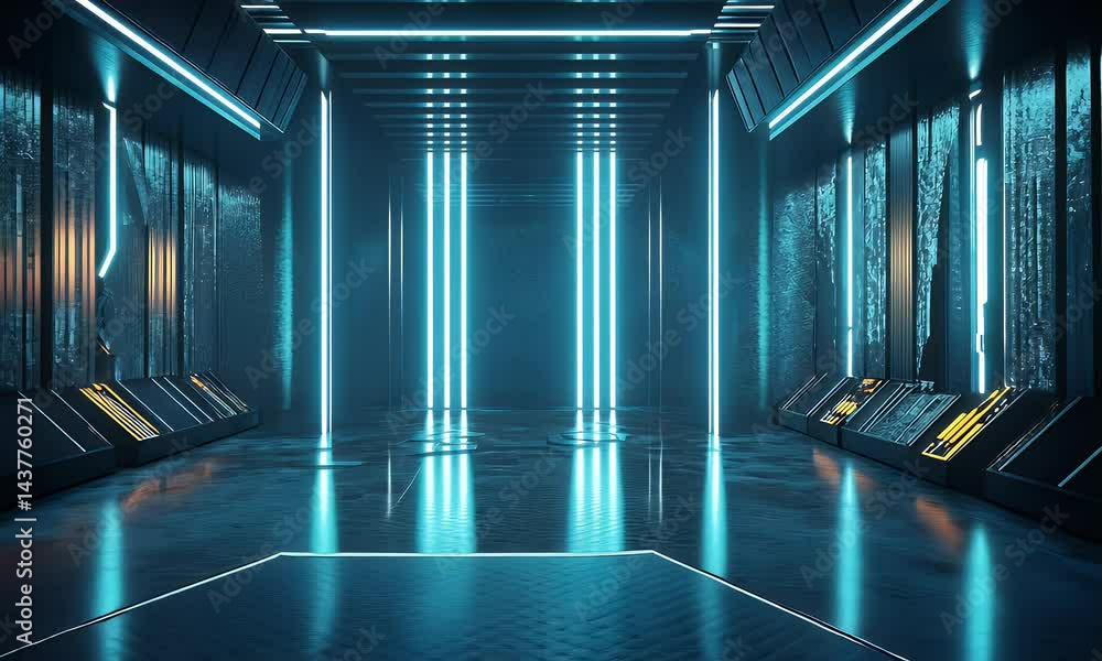 A futuristic virtual studio set with LED lights, featuring an empty ...