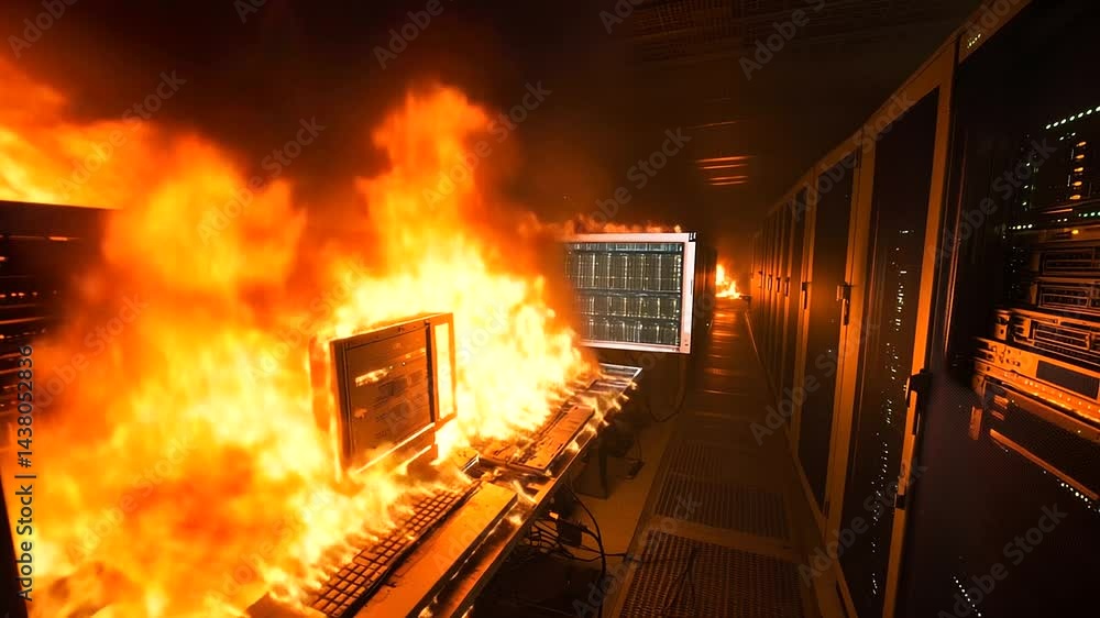 Fire engulfs a server rack in a data center, with intense flames and ...