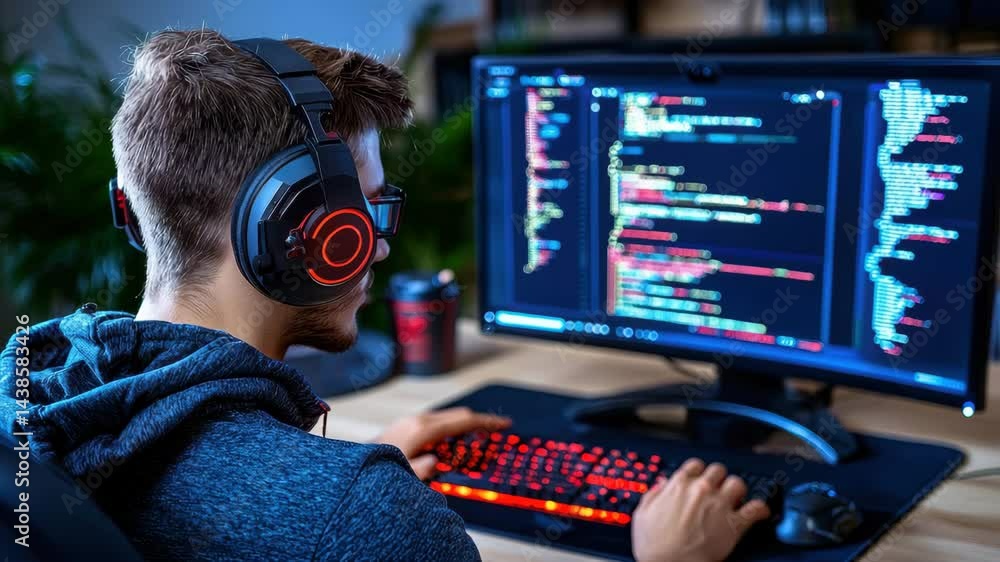A focused programmer wearing headphones, coding on a desktop computer ...