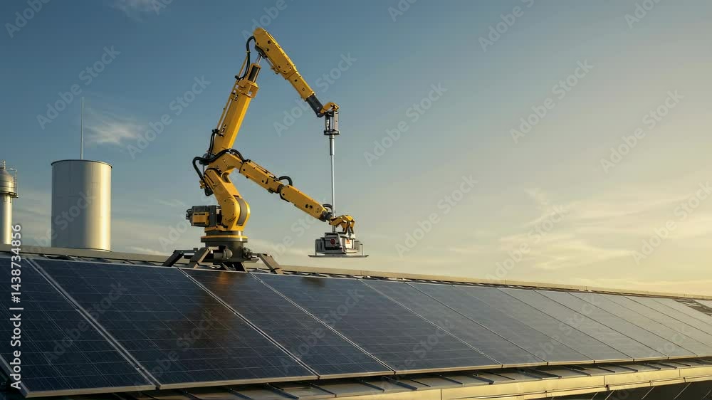 Industrial robot arm installing solar panels on a roof. Automated clean ...
