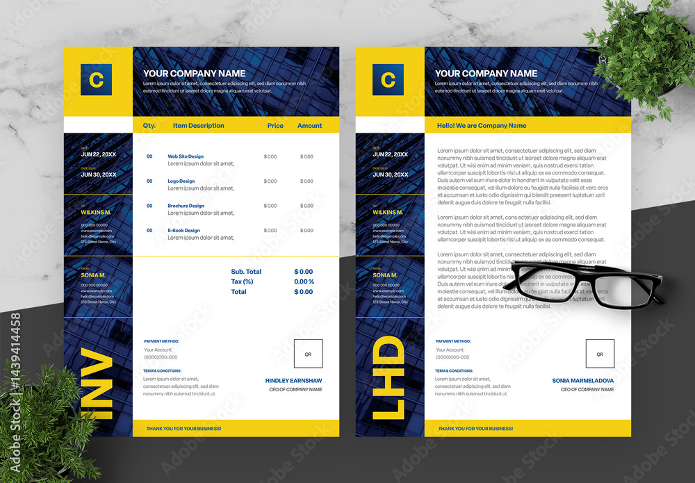 Blue And Yellow Invoice And Letterhead Stock Template | Adobe Stock